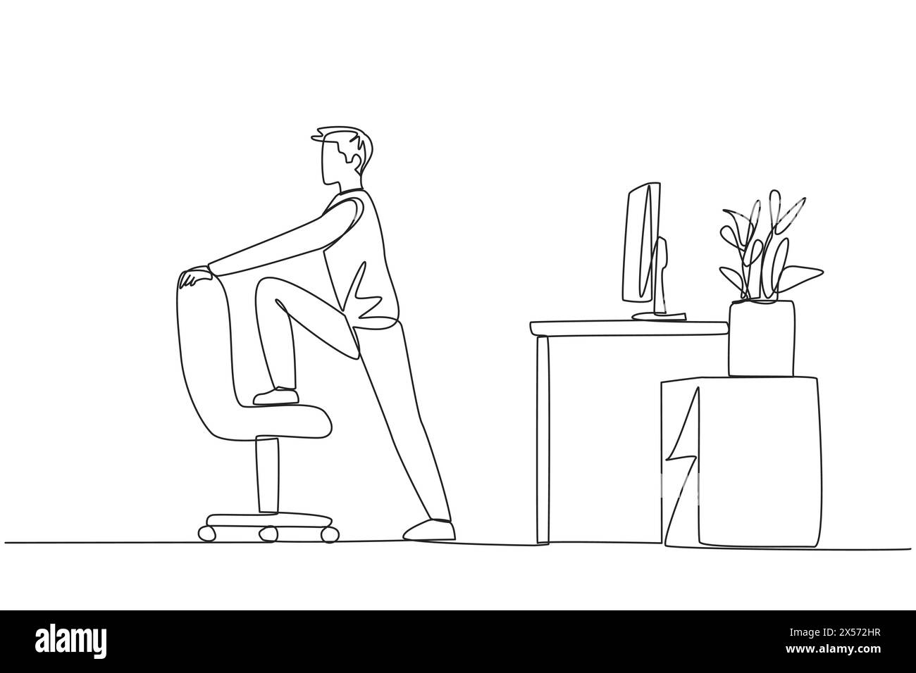 Single one line drawing the man stands while lifting one of his legs ...