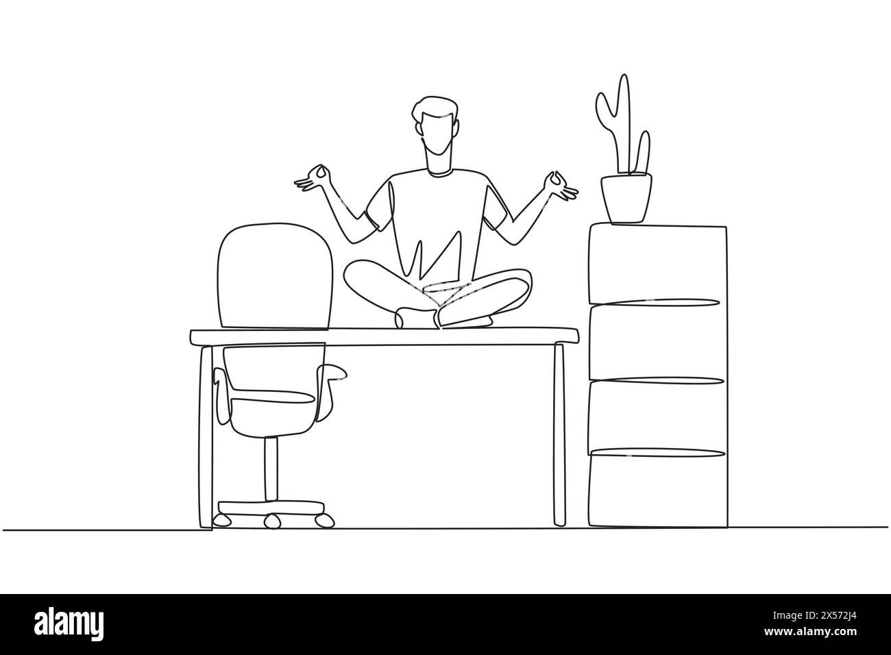 Single continuous line drawing man sitting cross-legged on a work desk ...