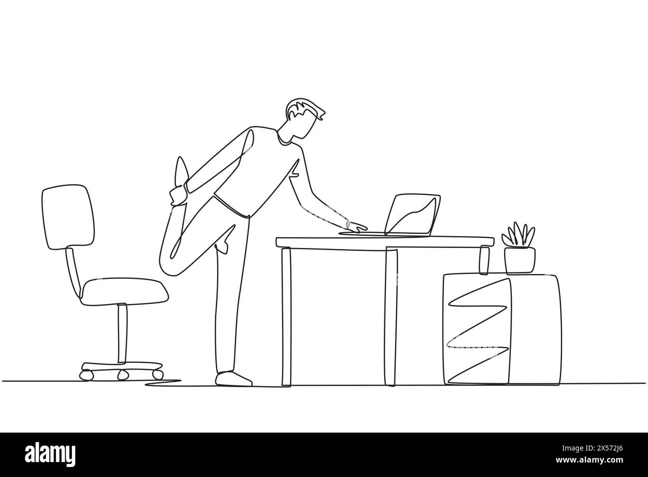 Single one line drawing man standing with one leg raised and his hand ...