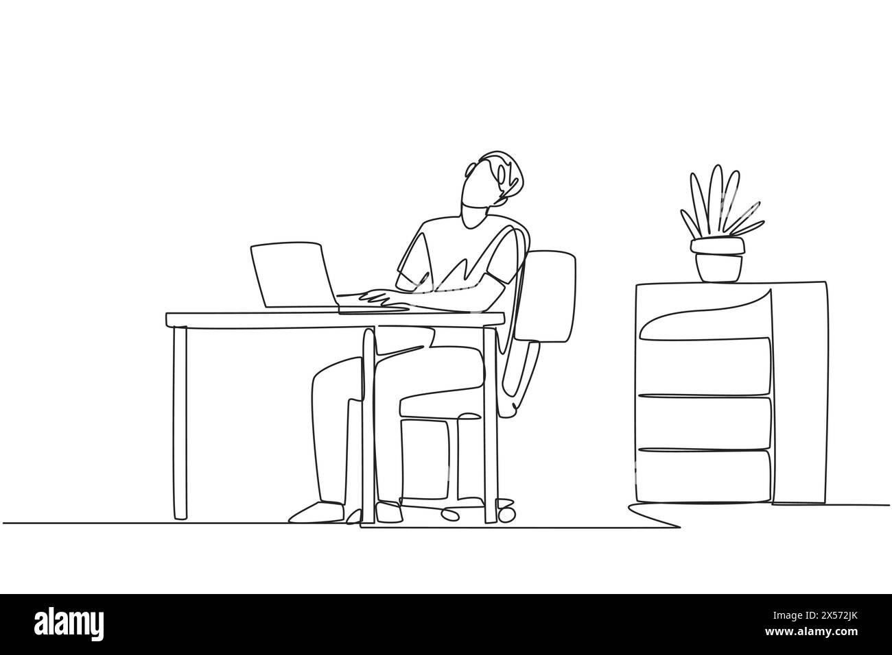 Single one line drawing man sitting in work chair typing on a laptop ...