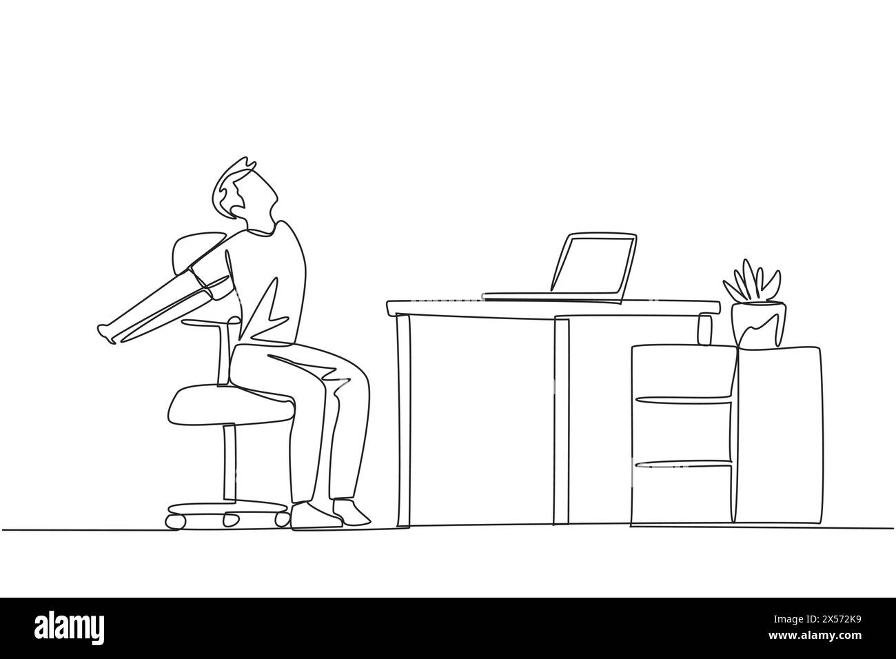 Continuous one line drawing man sitting in work chair stretching arms ...