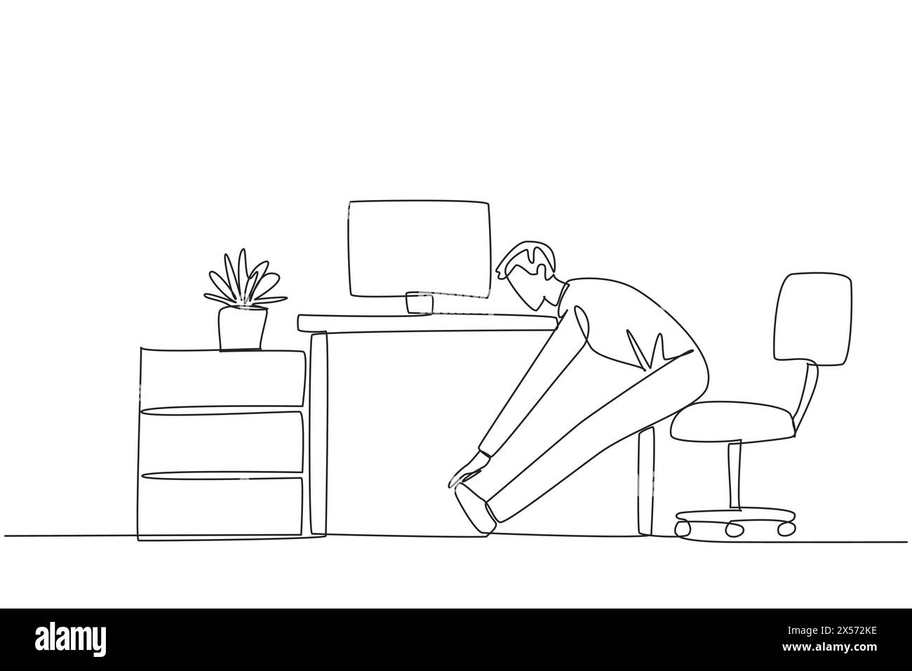 Single continuous line drawing man sits in work chair with his legs ...