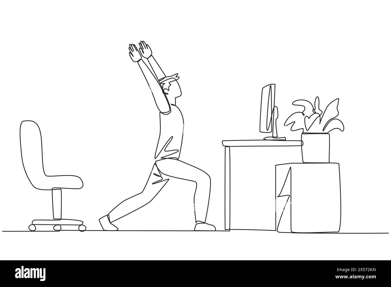 Single one line drawing man stands with both hands raised and legs ...