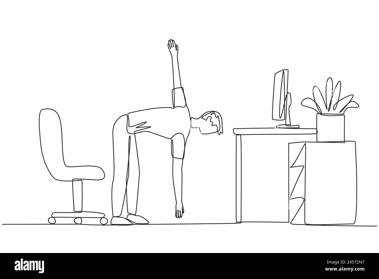 Single continuous line drawing man stands with one hand raised and the ...