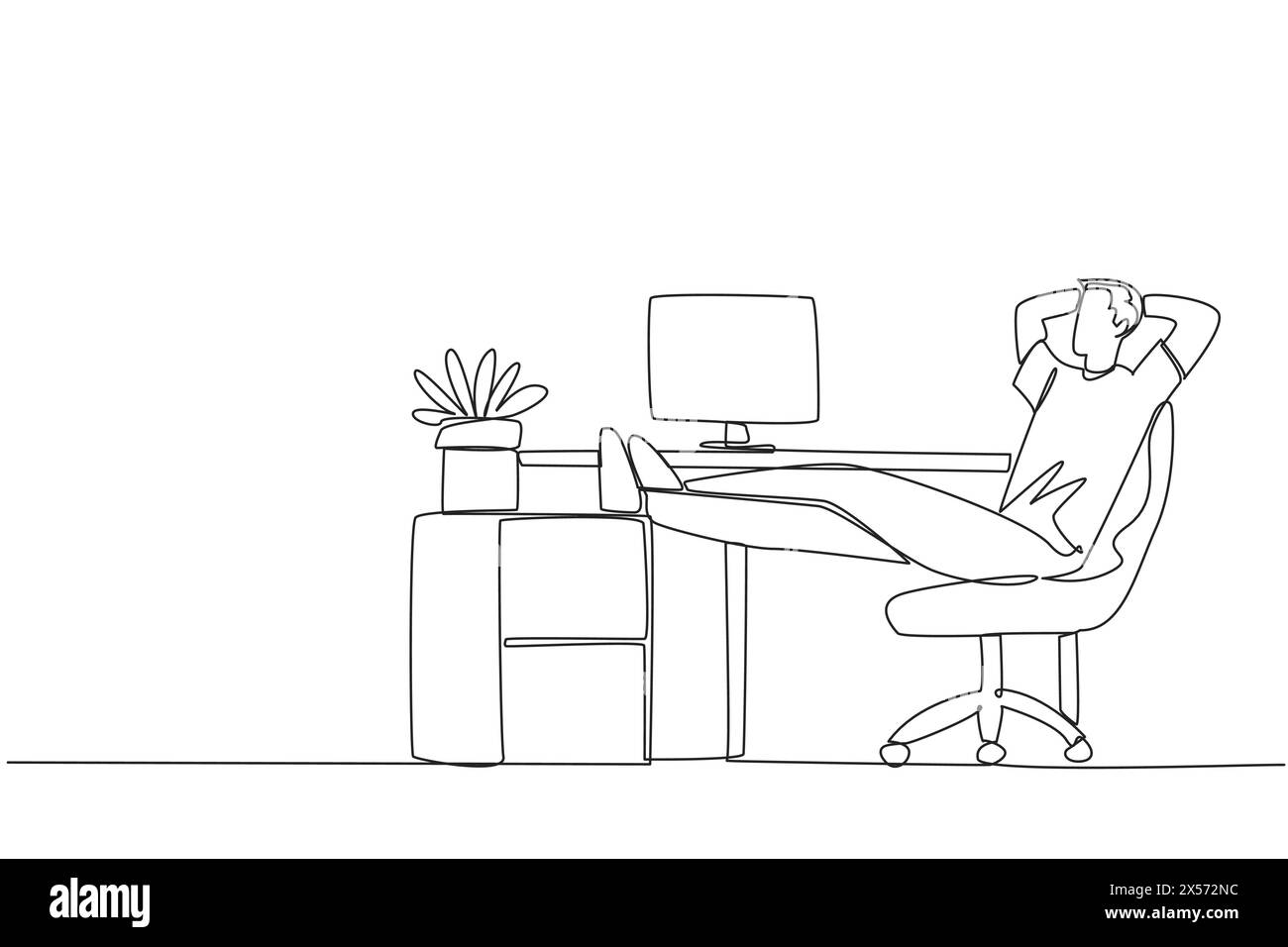Continuous one line drawing man sits in work chair with his hands ...