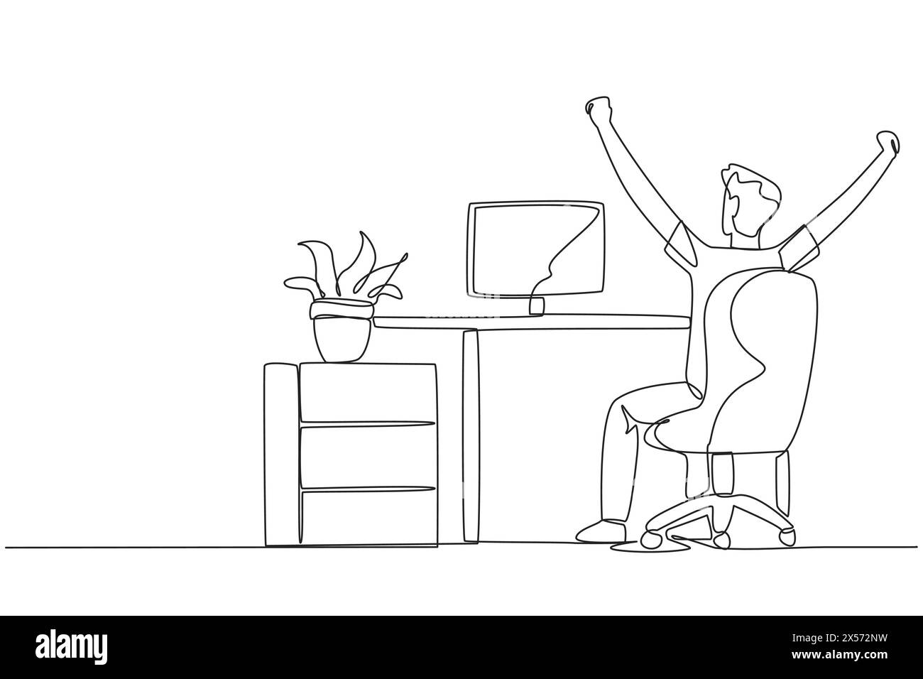 Continuous one line drawing the man sit on chair opening and raising ...