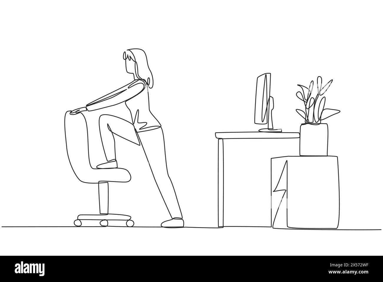 Single one line drawing the woman stands while lifting one of her legs ...