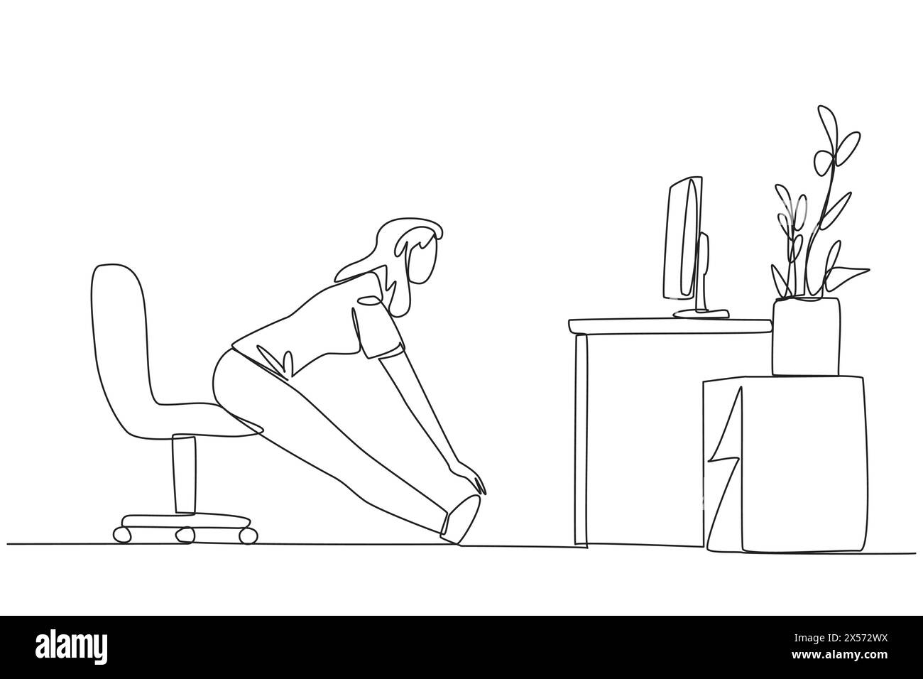Single continuous line drawing woman sitting in work chair with legs ...