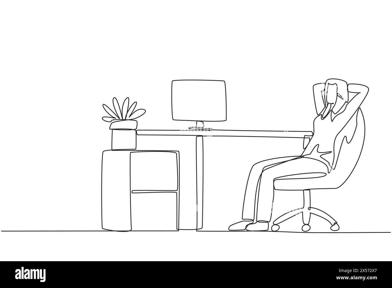 Single one line drawing relaxed woman sitting in a work chair with her ...