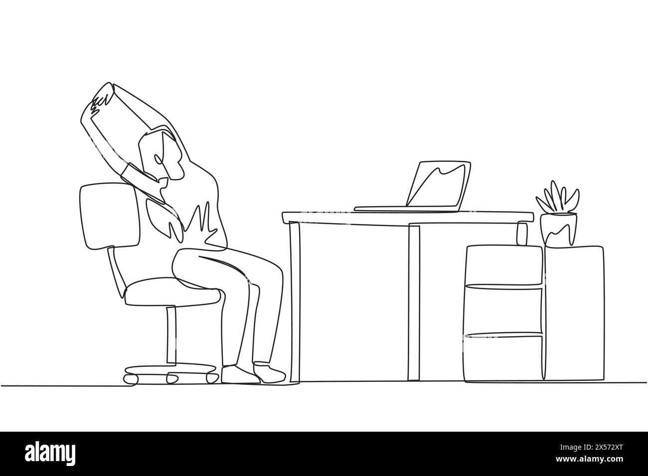 Continuous one line drawing woman sitting in work chair while raising ...