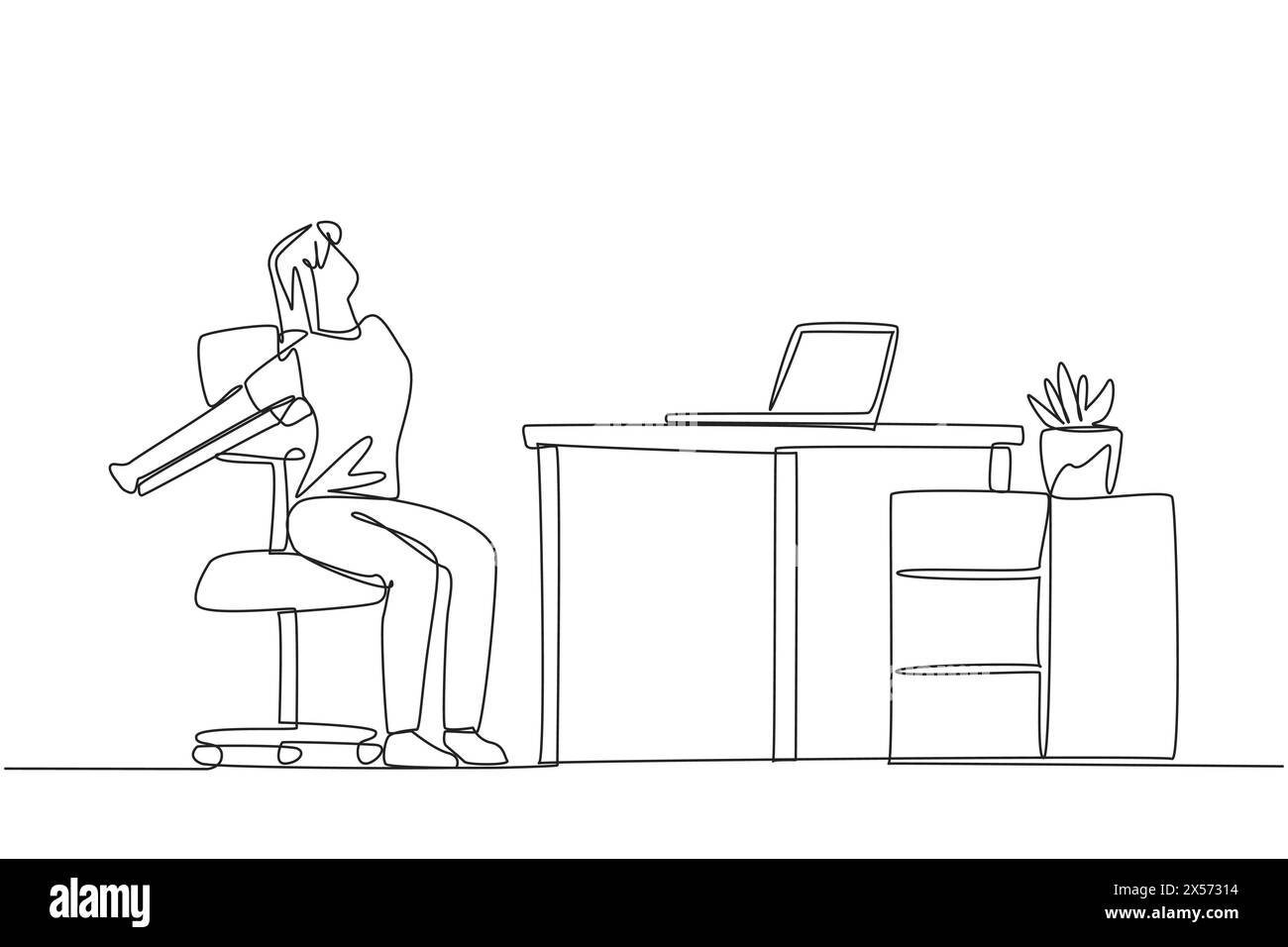 Continuous One Line Drawing Woman Sitting In Work Chair Stretching Arms