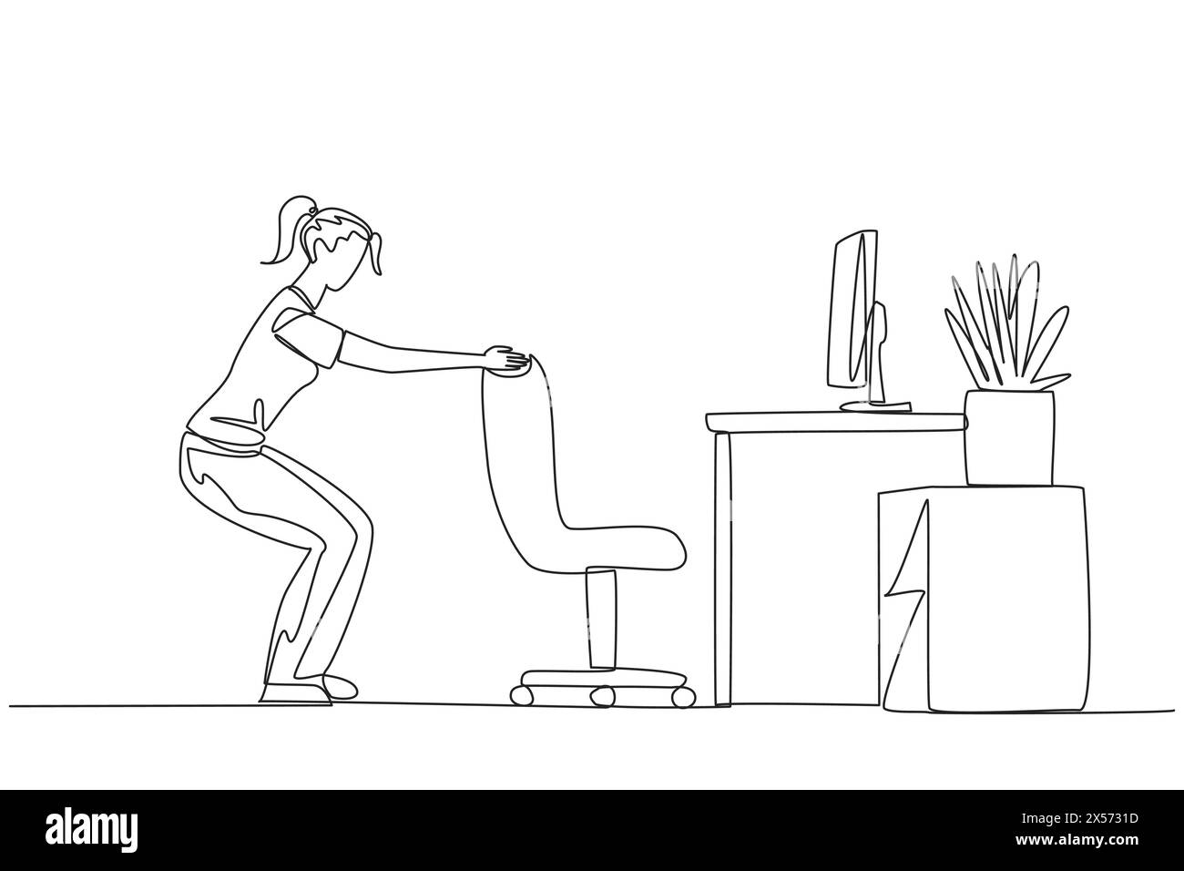 Single continuous line drawing woman stands with a slight bend and both ...