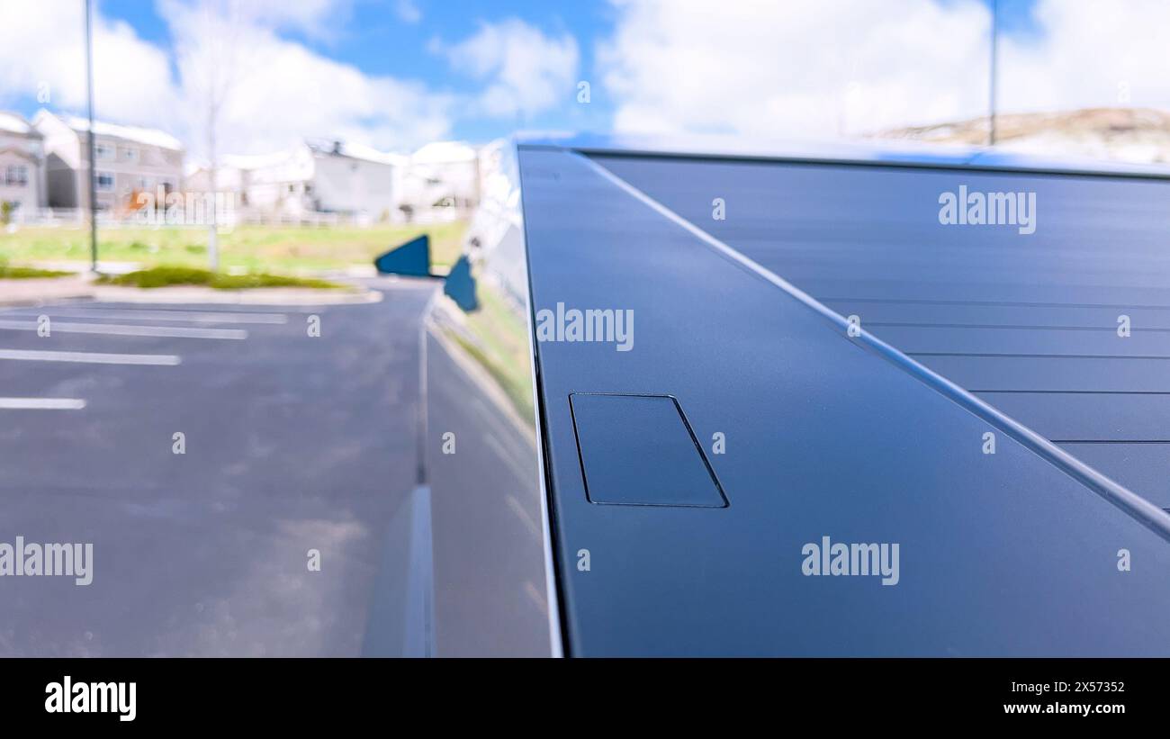 Close-Up Detail of Tesla Cybertruck’s Roof and Angular Body Design ...
