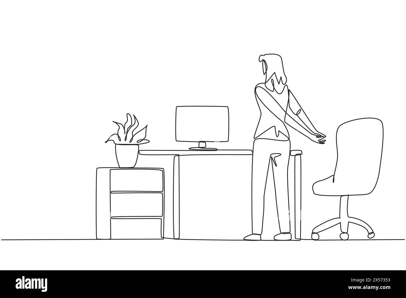 Single continuous line drawing woman stands with her hands behind her ...