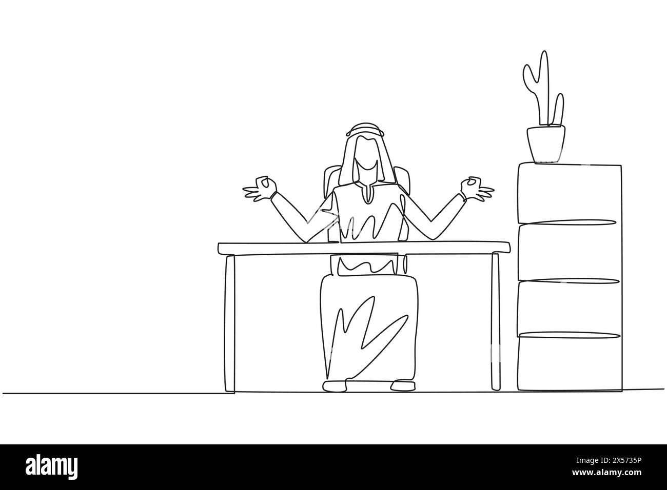 Continuous one line drawing Arab man sitting in work chair with his ...