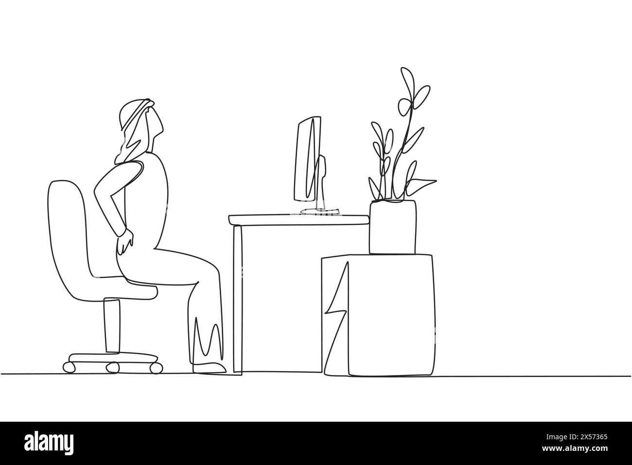 Single one line drawing Arab man sitting in work chair with hands ...