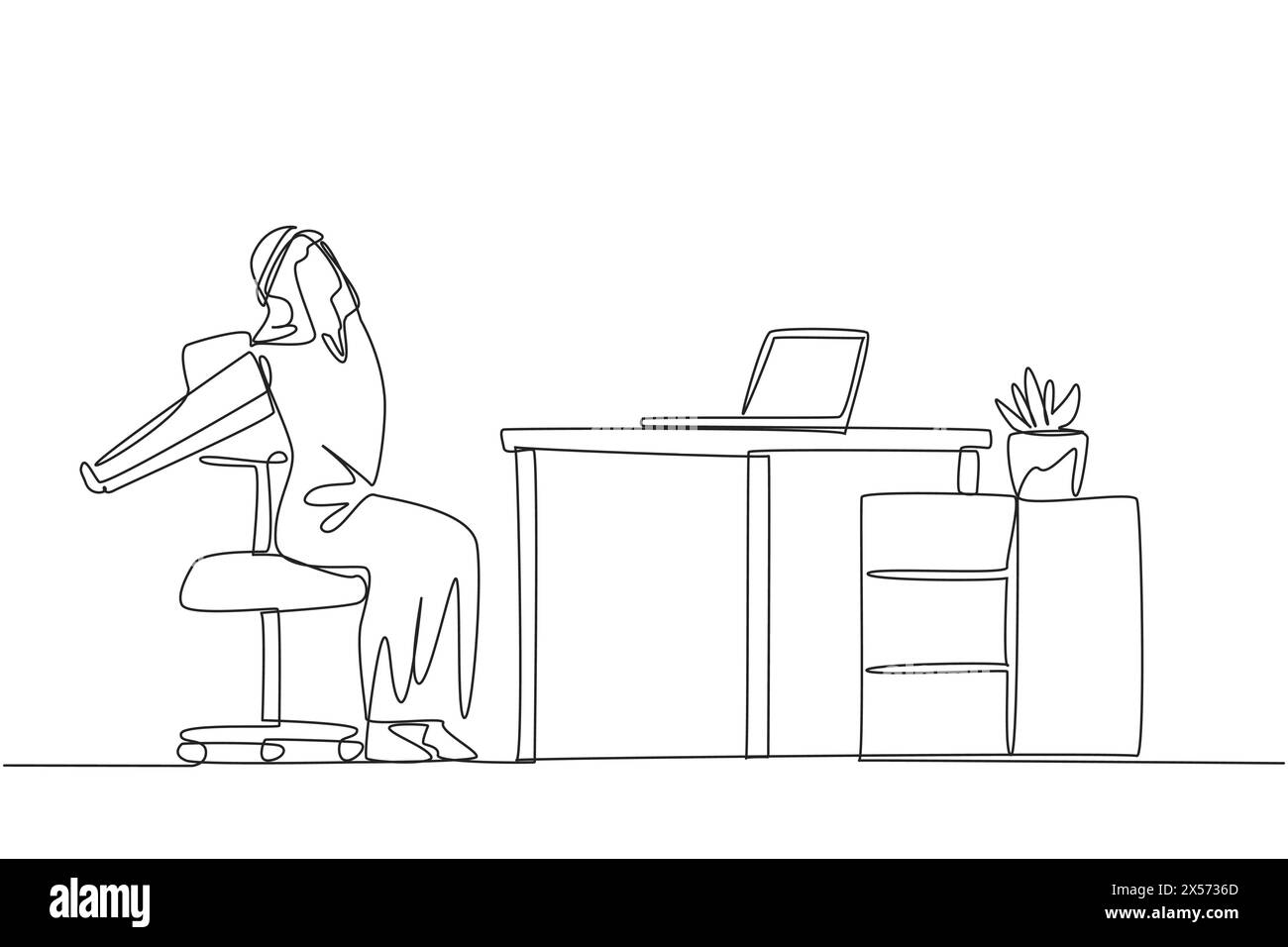Single continuous line drawing Arab man sitting in work chair ...