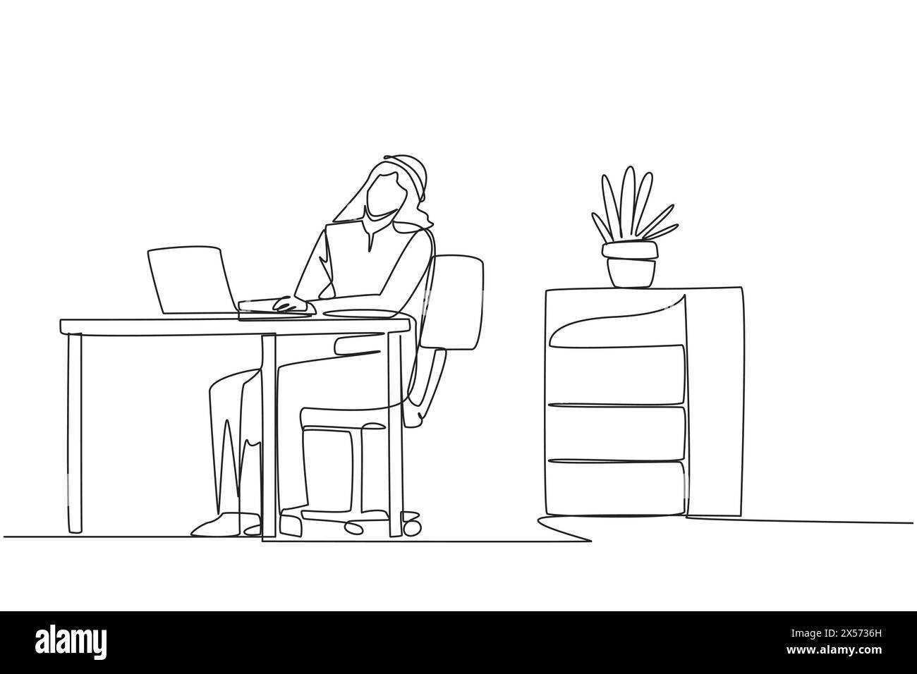 Continuous one line drawing Arab man sitting in work chair typing on a ...
