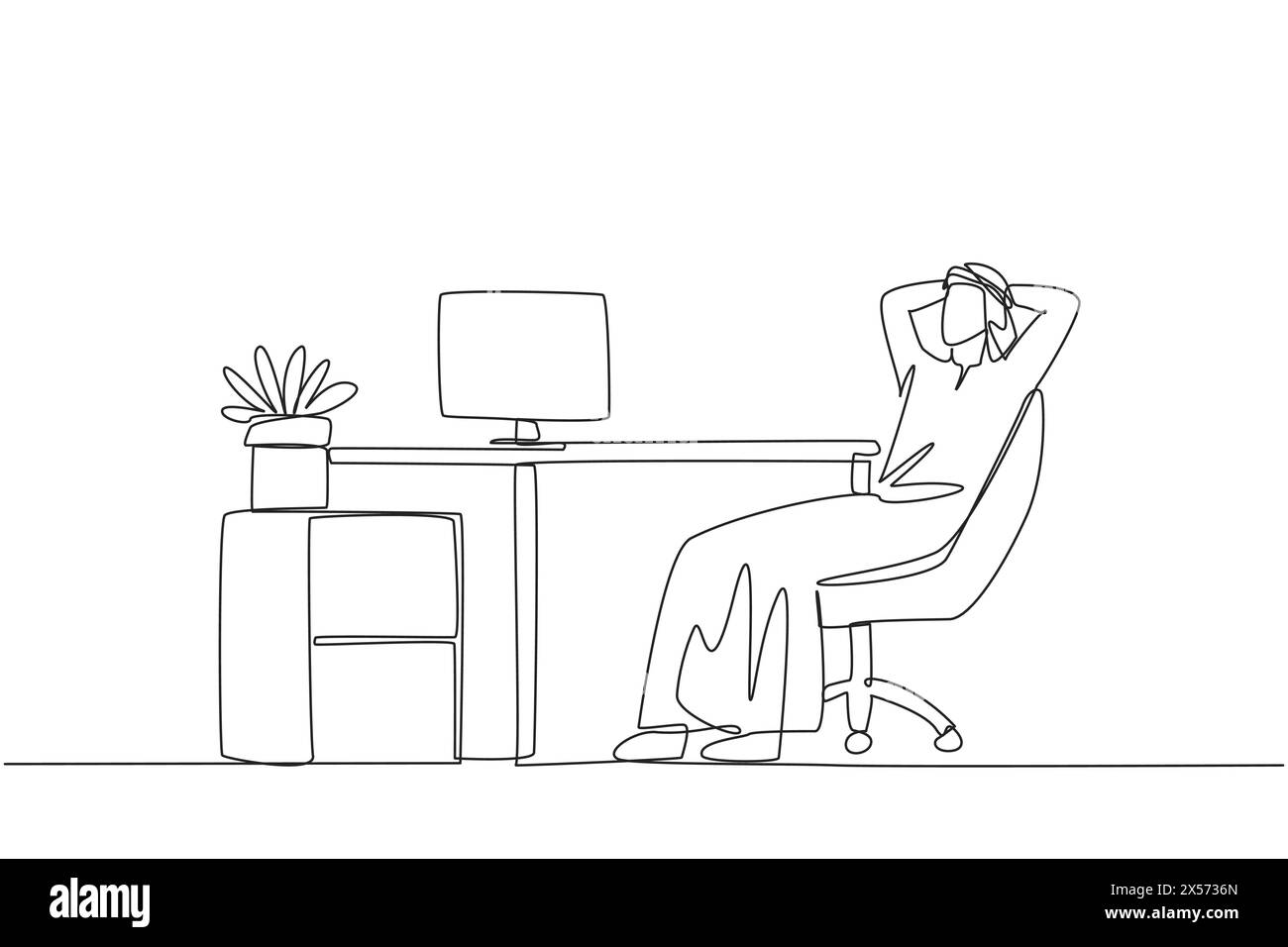Continuous one line drawing relaxed Arabian man sitting in a work chair ...