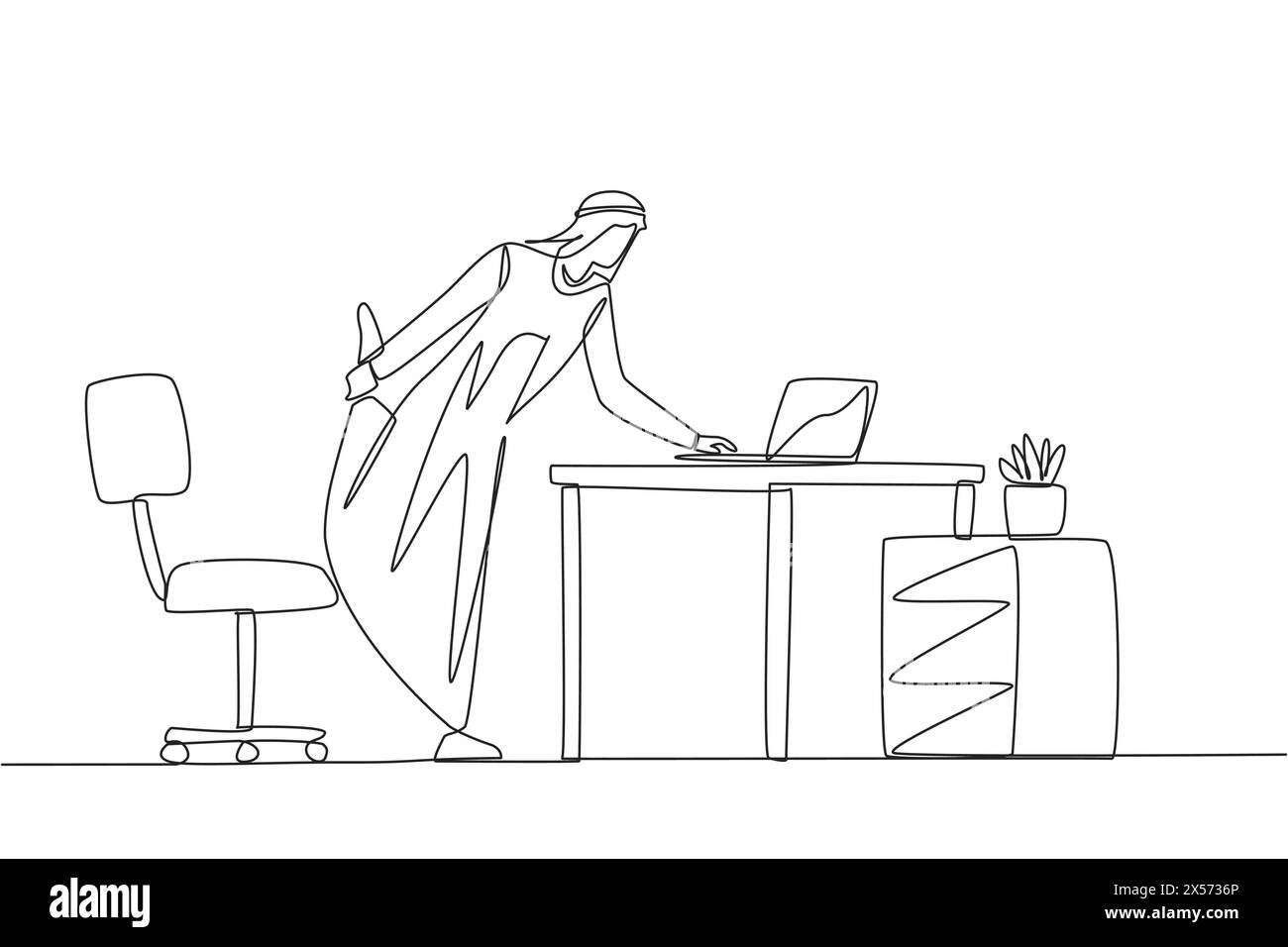 Single continuous line drawing Arab man standing with one leg raised ...