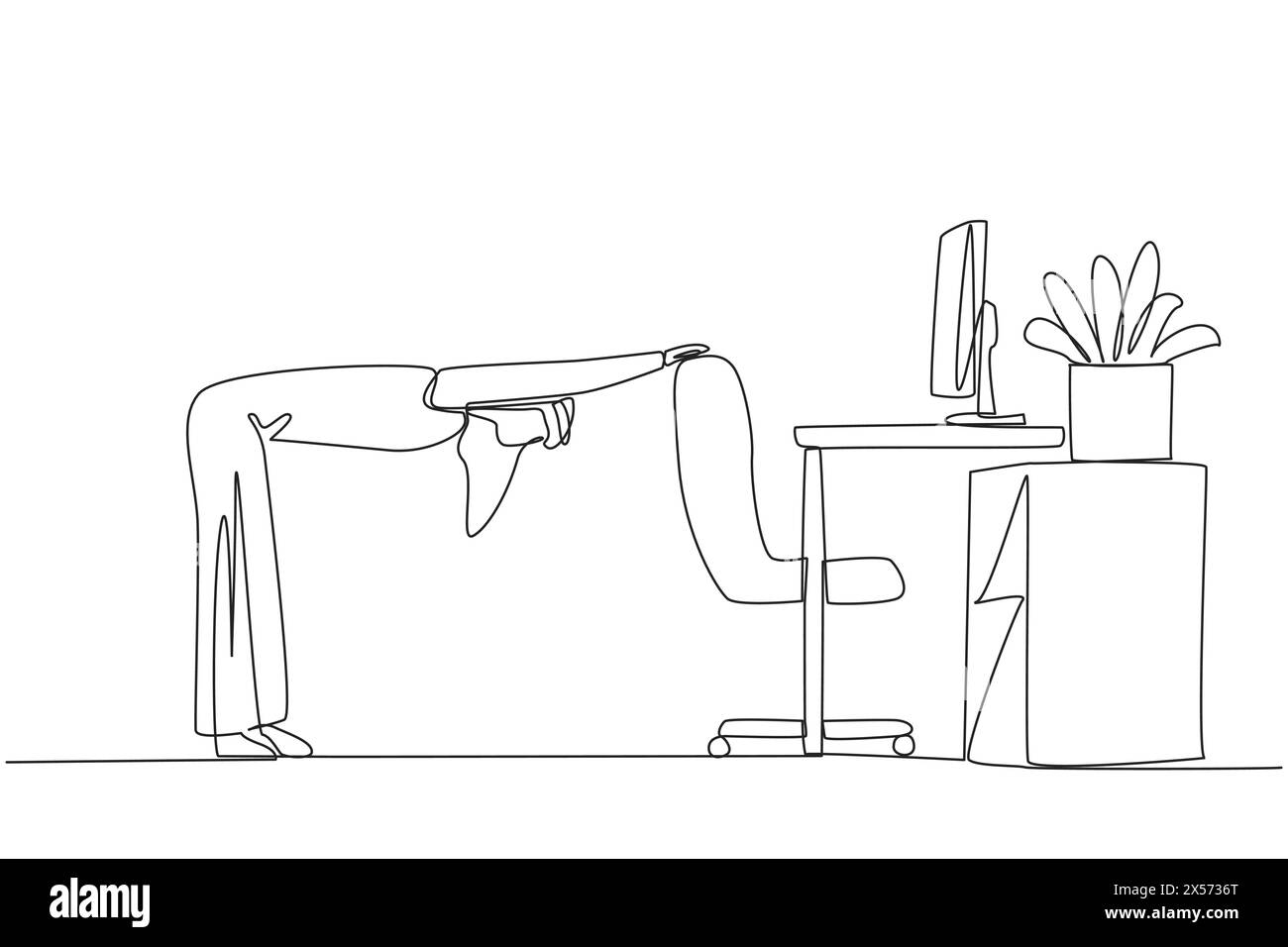 Single one line drawing Arabian man bowed while holding his hand on his ...