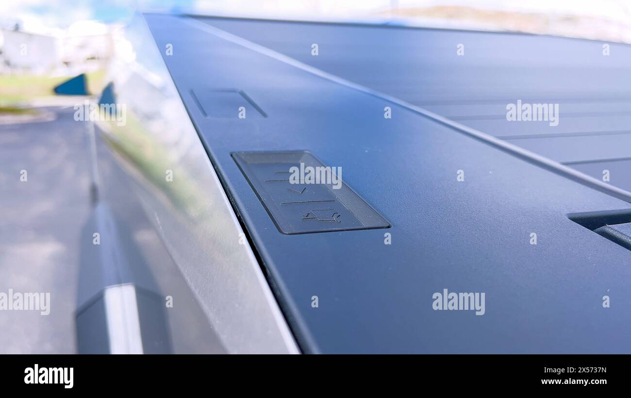 Close-Up Detail of Tesla Cybertruck’s Roof and Angular Body Design ...