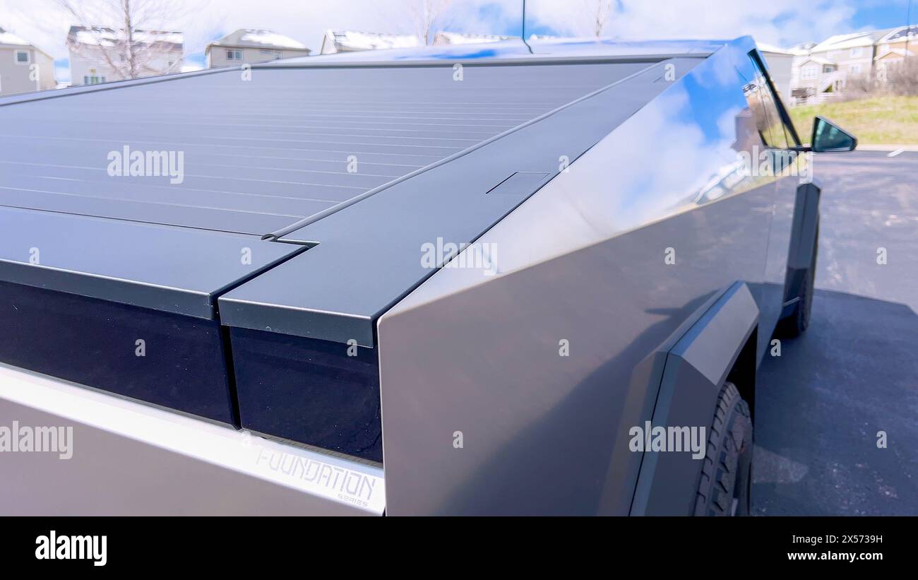 Close-Up Detail of Tesla Cybertruck’s Roof and Angular Body Design ...