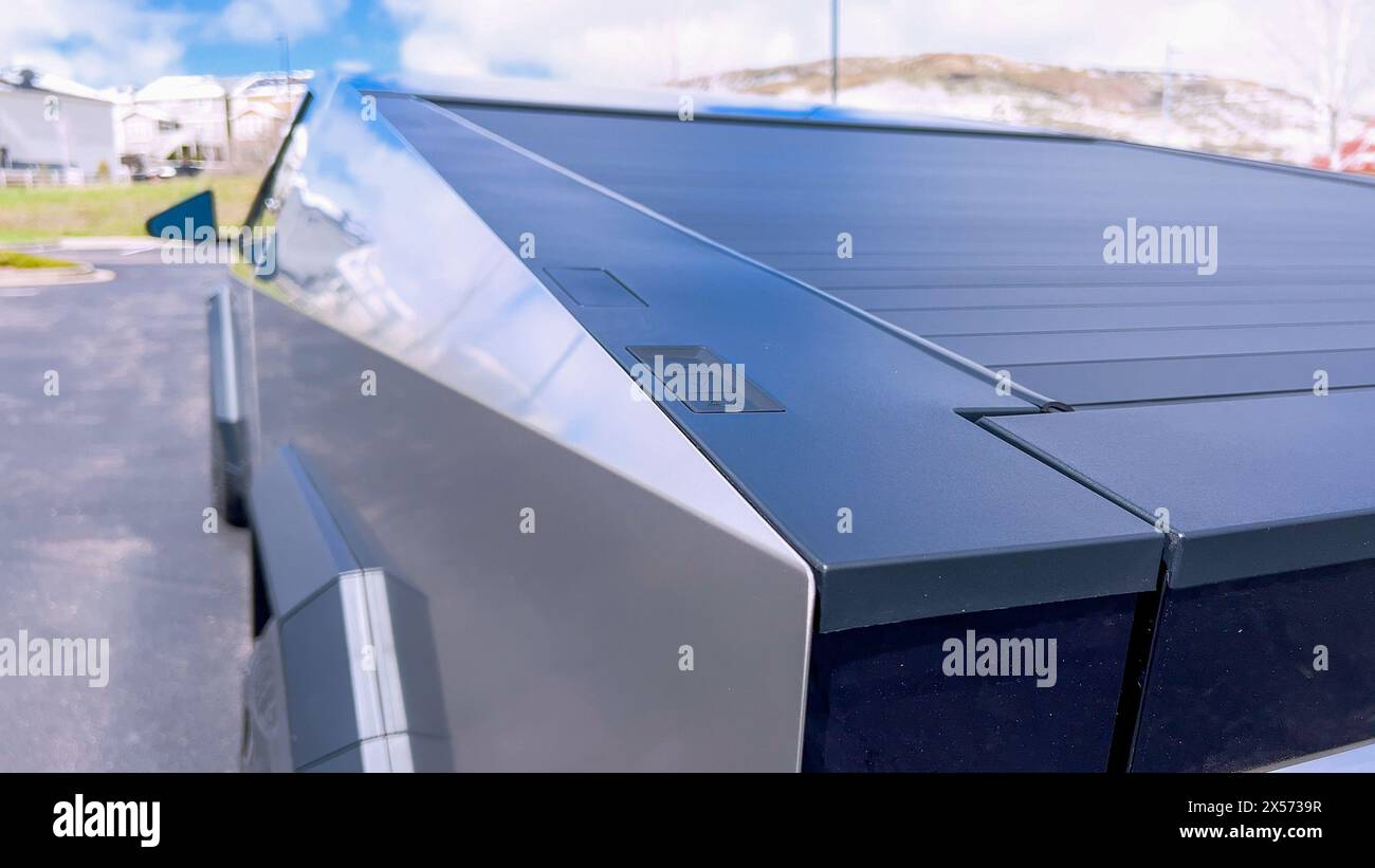 Close-Up Detail of Tesla Cybertruck’s Roof and Angular Body Design ...