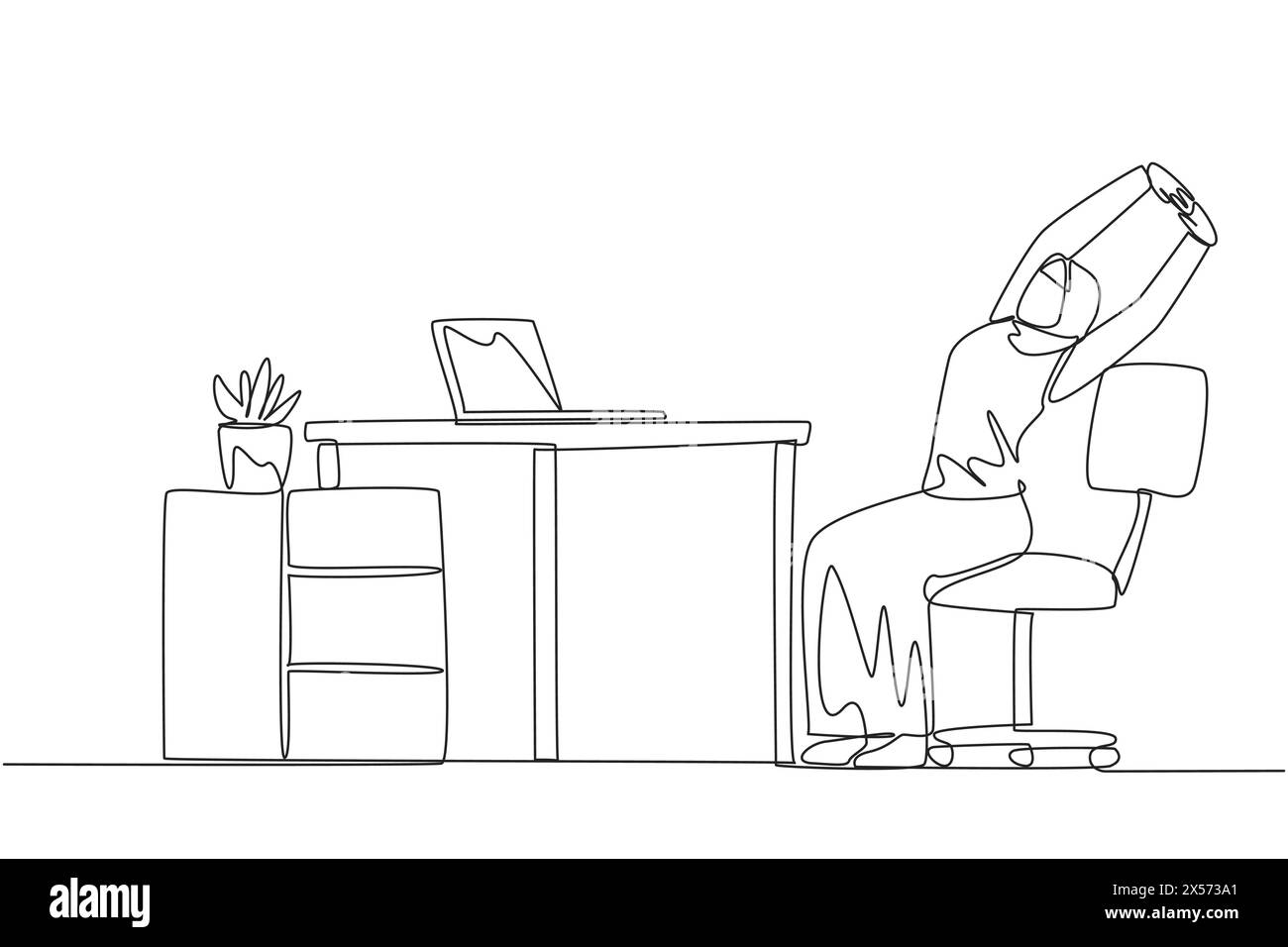 Single continuous line drawing Arab woman sitting in work chair while ...