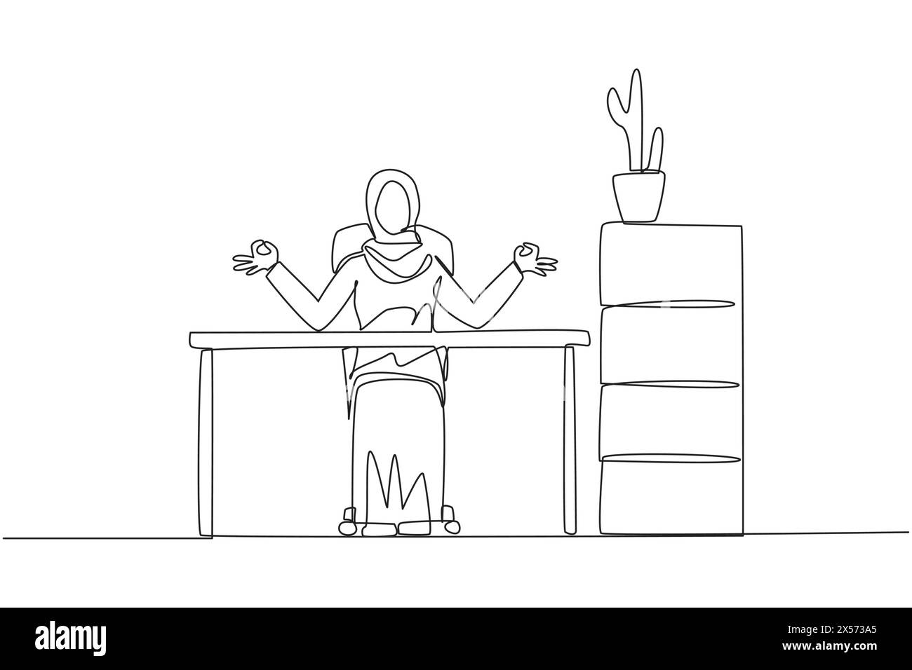 Single continuous line drawing Arab woman sitting in work chair with ...