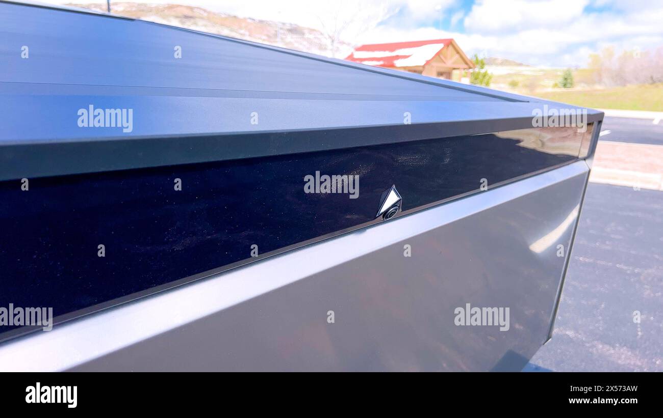 Close-Up Detail of Tesla Cybertruck’s Roof and Angular Body Design ...