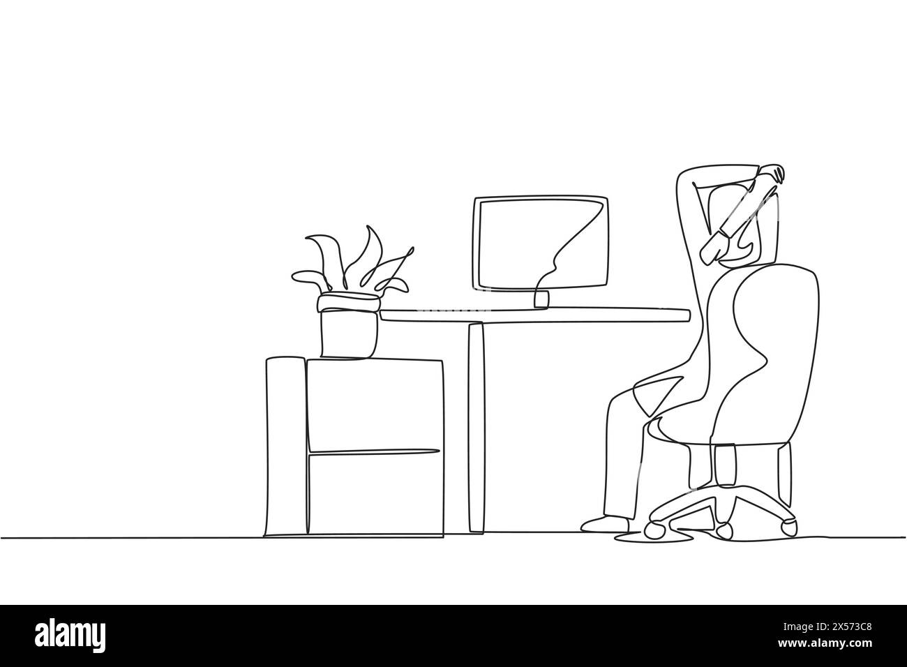Continuous one line drawing Arab woman sitting in a work chair warming ...