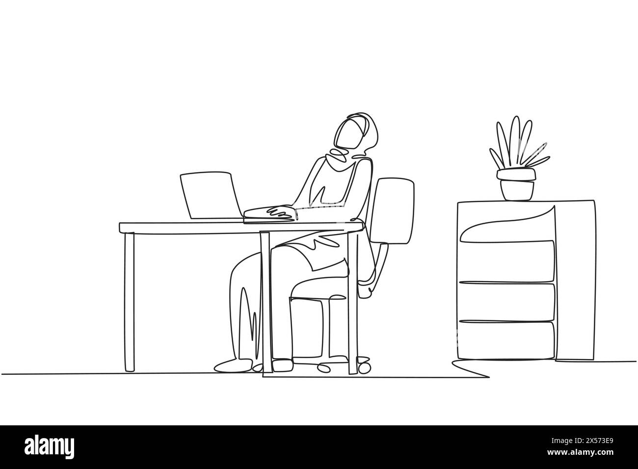 Single one line drawing Arab woman sitting in work chair typing on ...