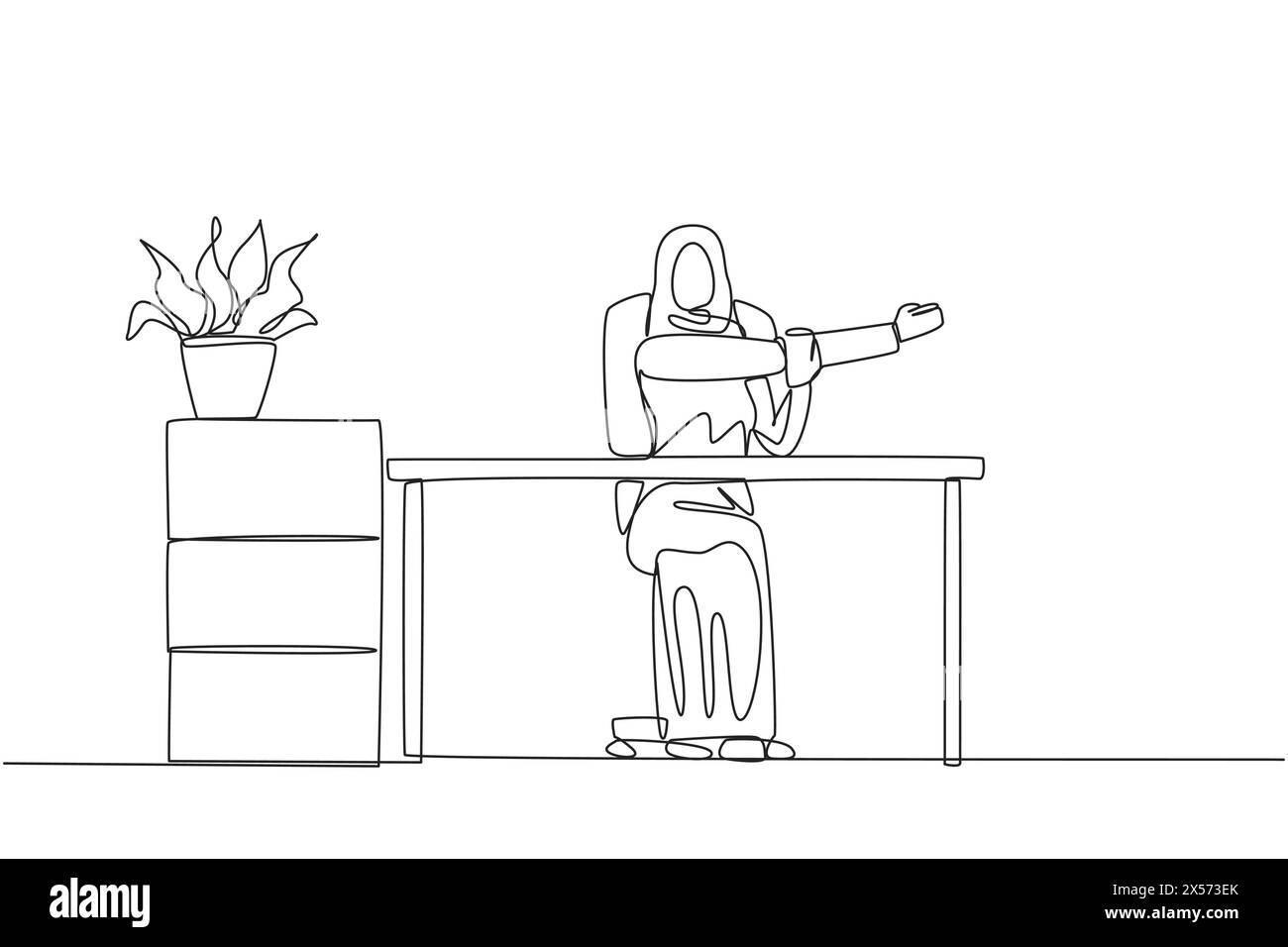 Continuous one line drawing Arabian woman sitting in a work chair with ...
