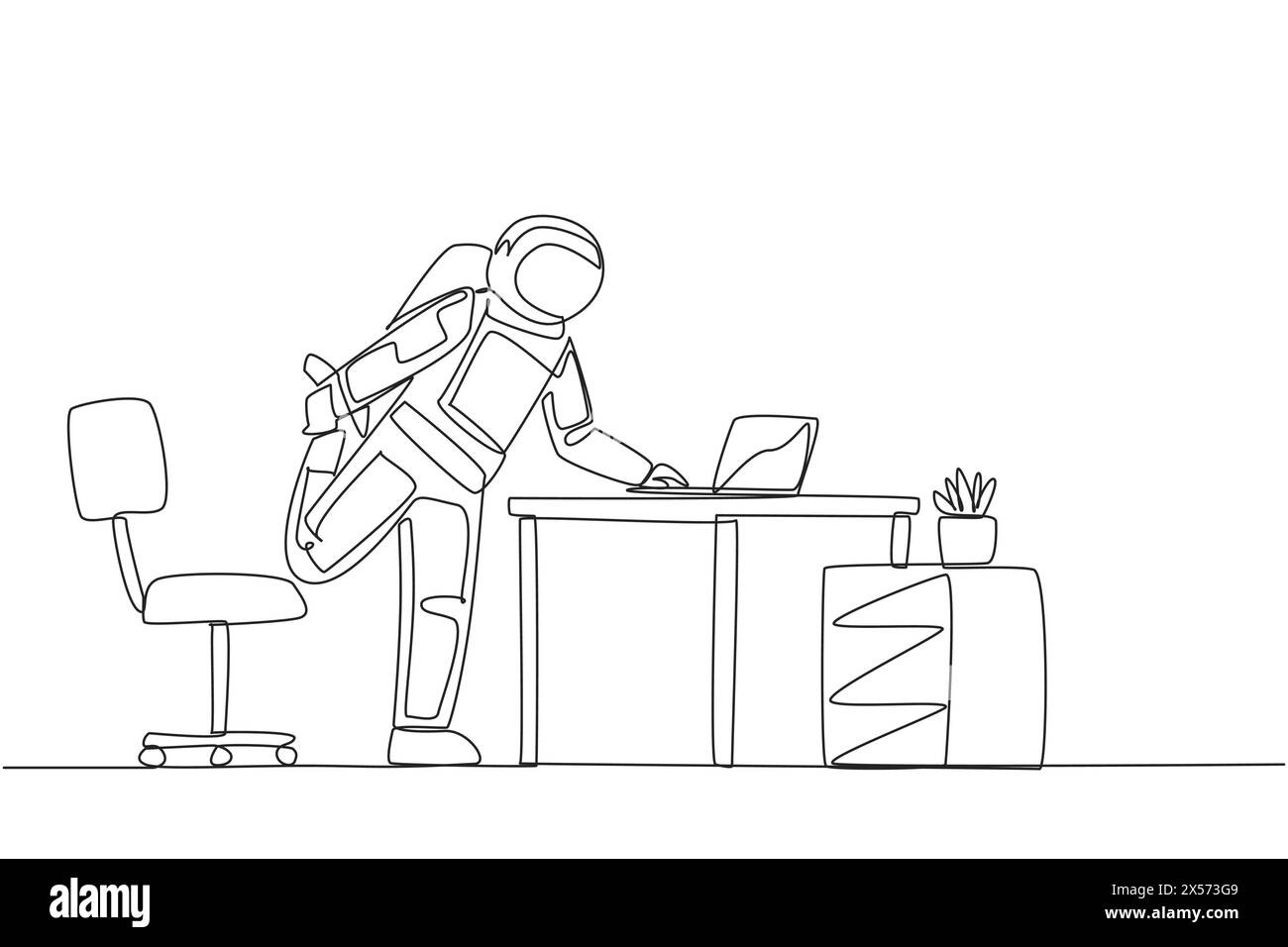 Single one line drawing astronaut standing with one leg raised and his ...