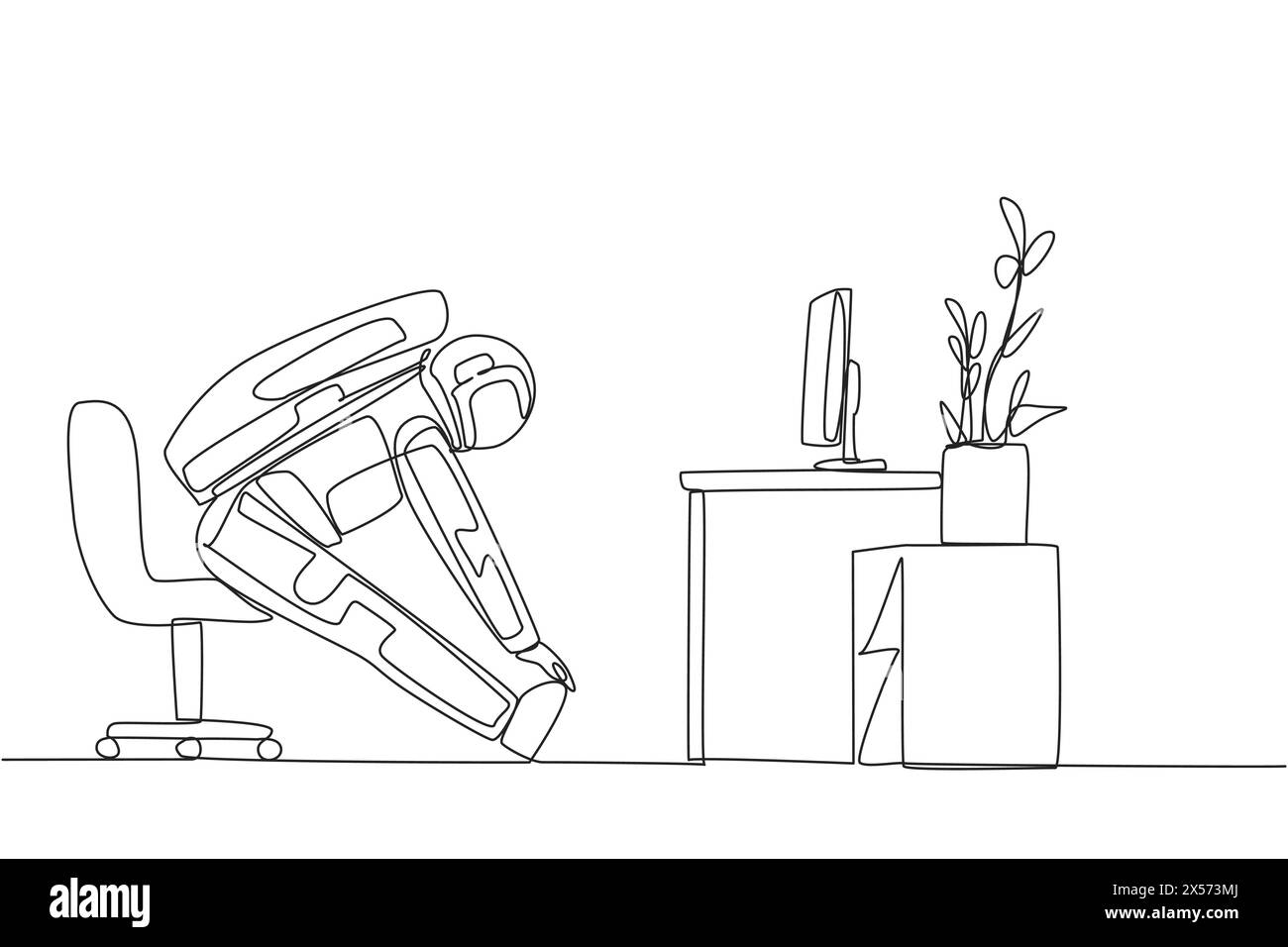 Single continuous line drawing astronaut sitting in work chair with ...