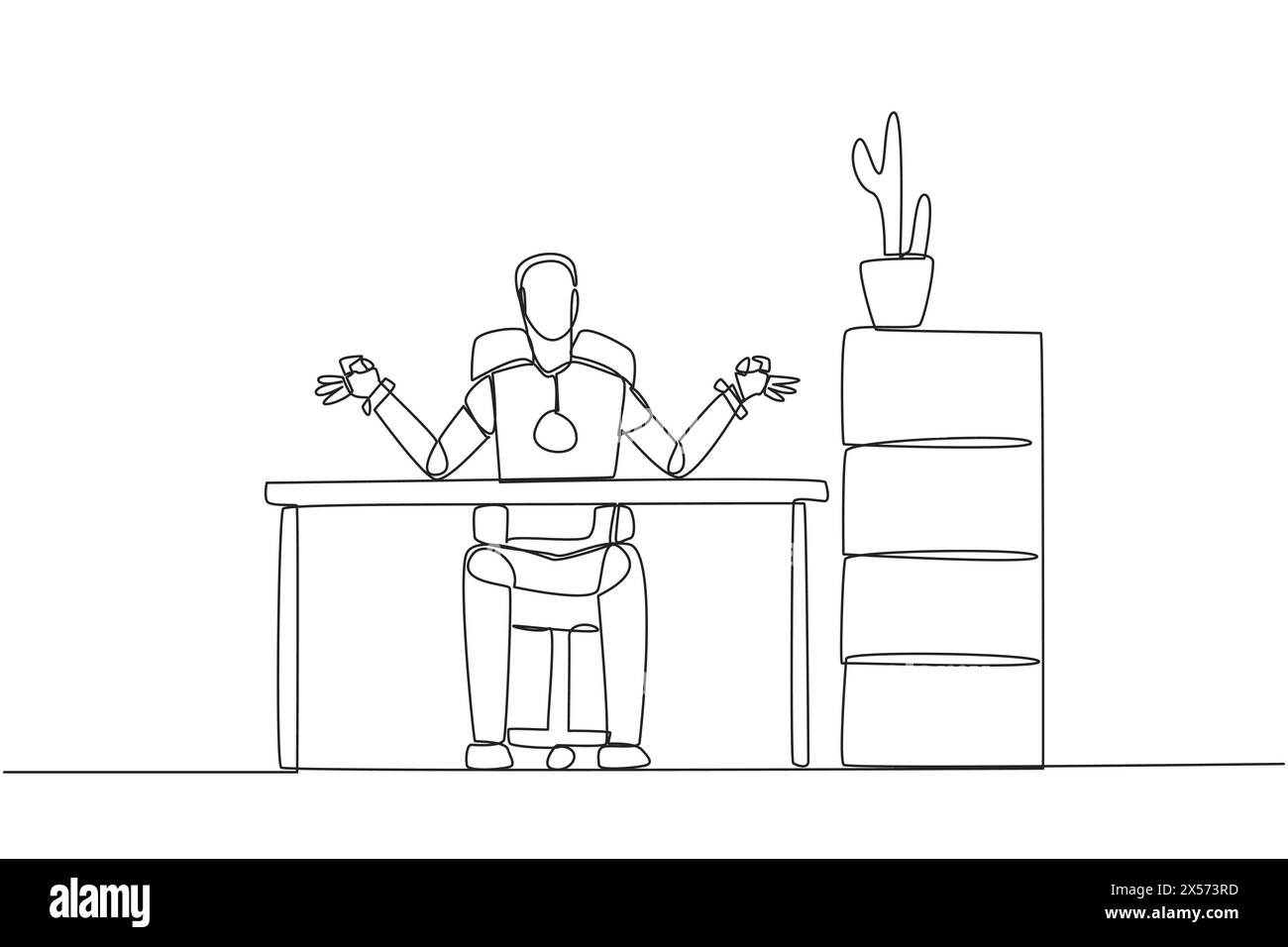 Single one line drawing robot sitting in a work chair with his fingers ...