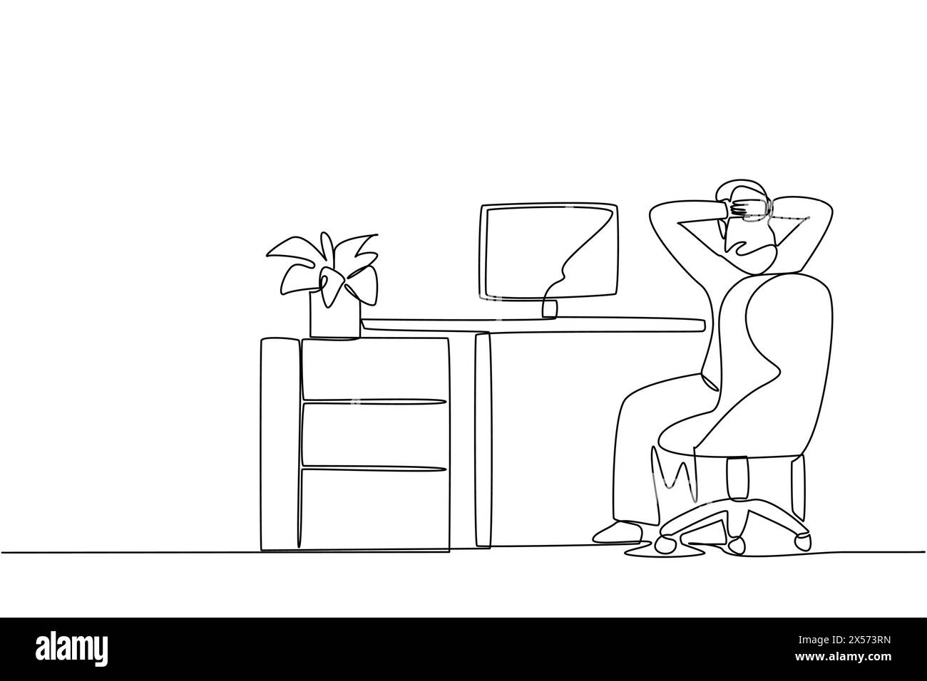 one continuous line drawing woman sitting in work chair stretching her ...