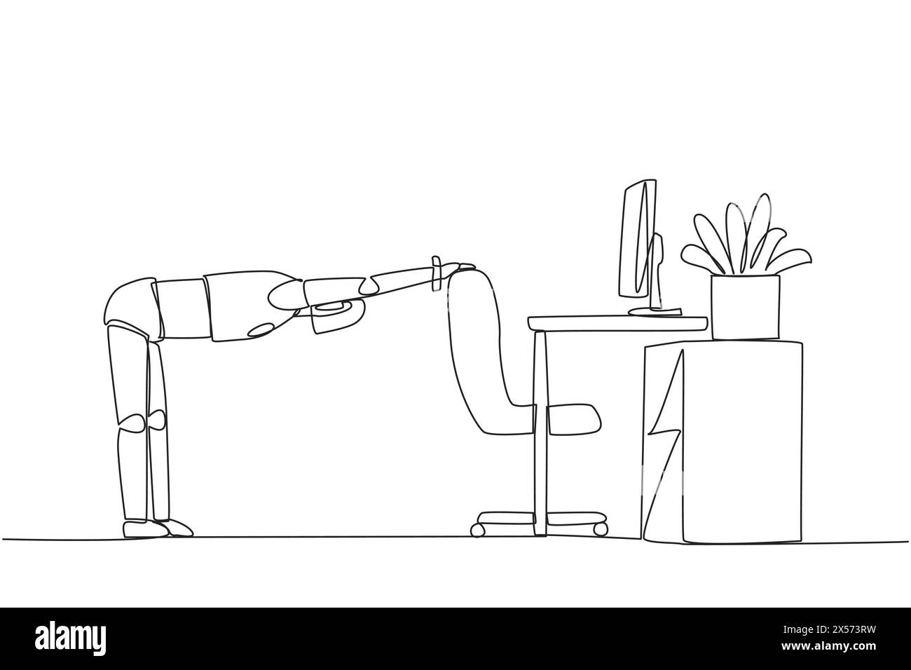 Continuous one line drawing robot bowed while holding his hand on his ...