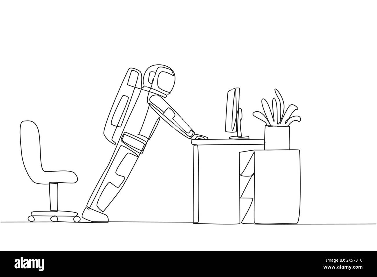Continuous one line drawing astronaut do push up movements by holding ...