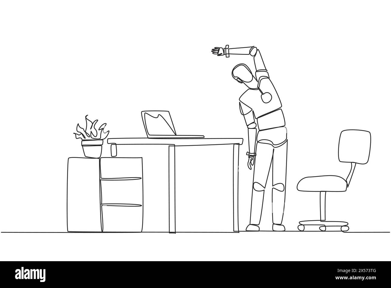 Single one line drawing robot stands while raising one hand and tilting ...