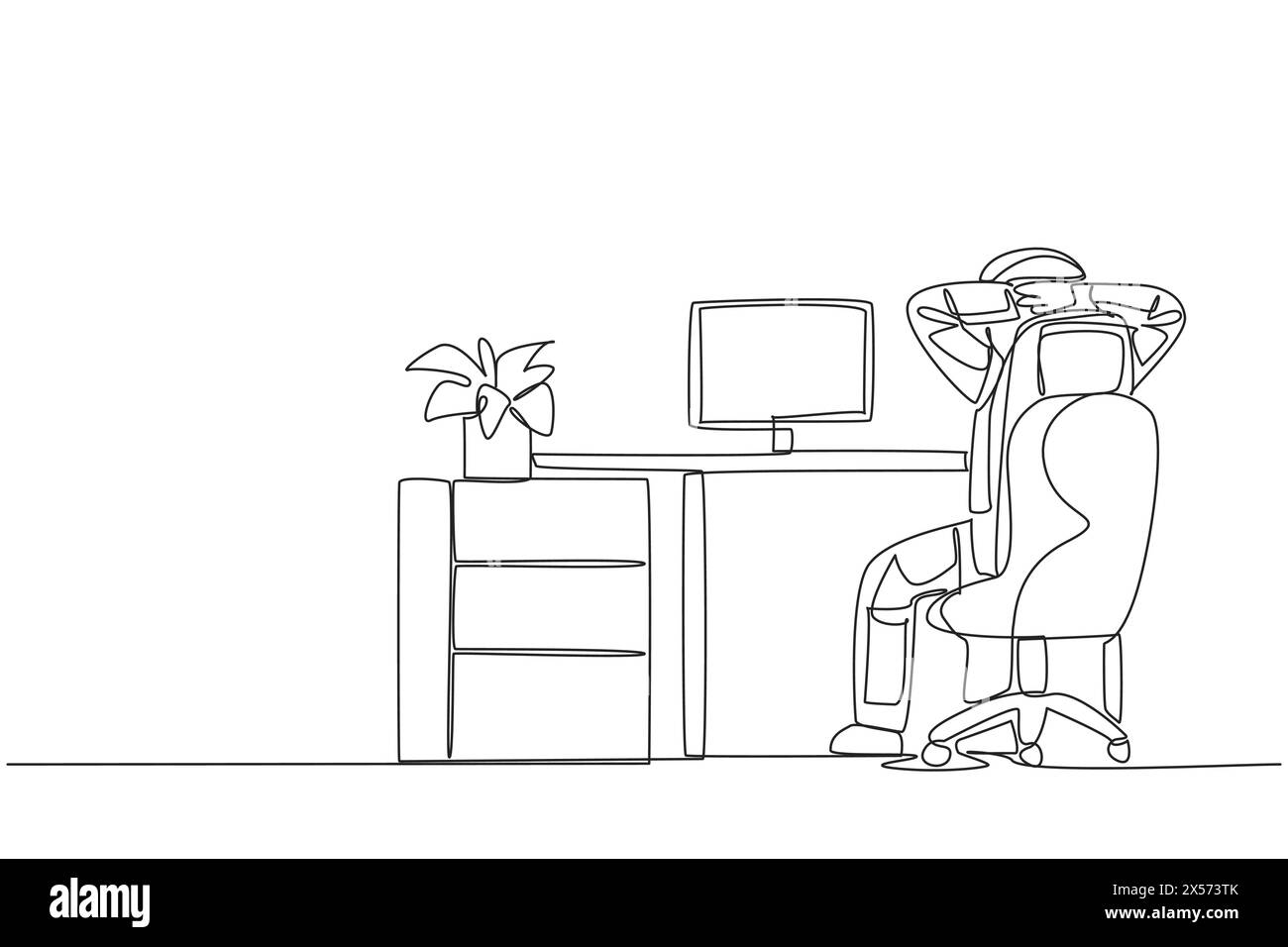 Single continuous line drawing astronaut sitting in chair with his ...