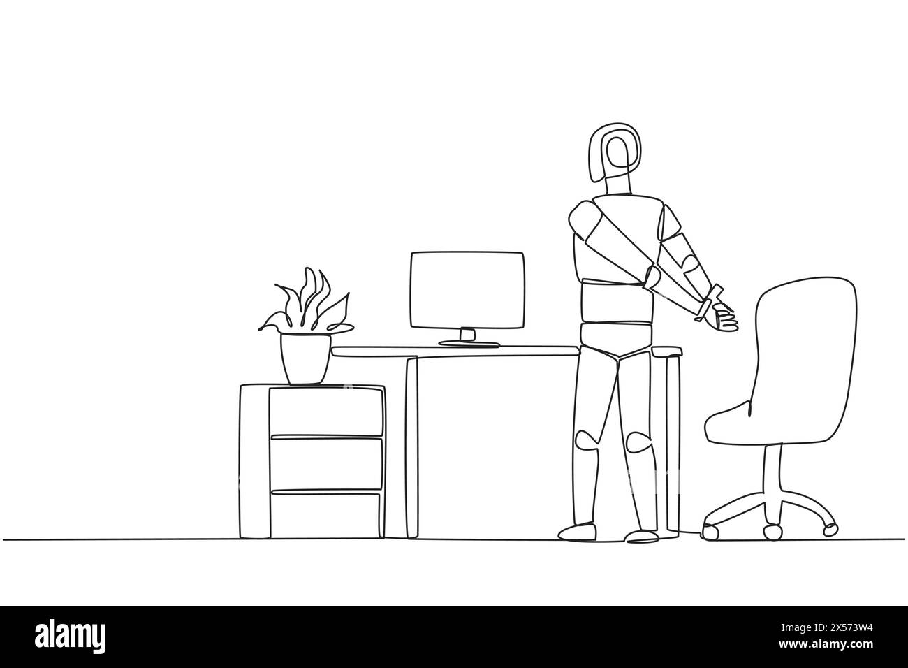 Single continuous line drawing robot stands with his hands behind his ...