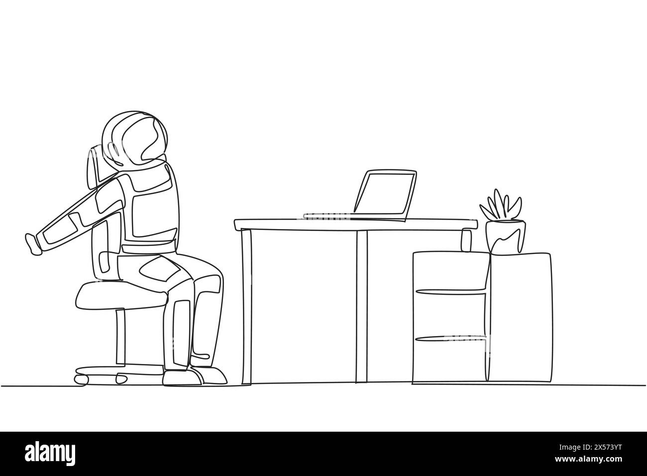 Single continuous line drawing astronaut sitting in work chair ...