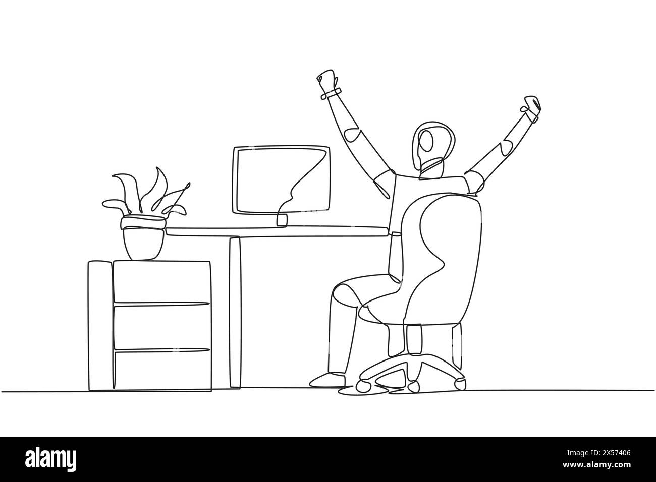 Continuous one line drawing the robot sit on chair opening and raising ...