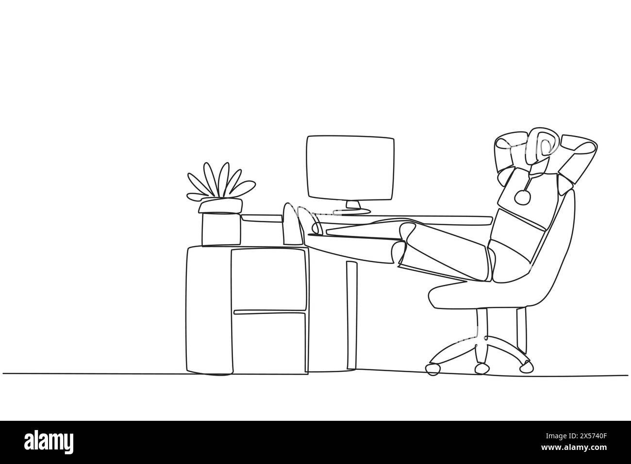 Single one line drawing robot sits in work chair with his hands behind ...