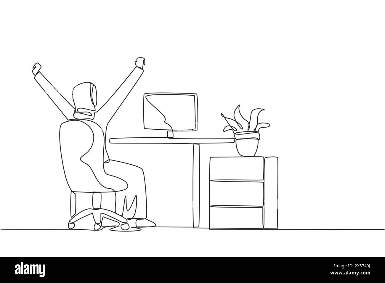 Single continuous line drawing Arab woman sit on chair opening and ...