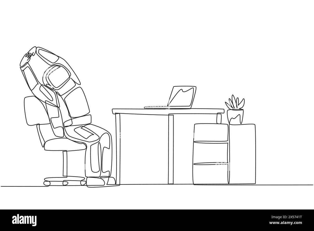 Single continuous line drawing astronaut sitting in work chair while ...