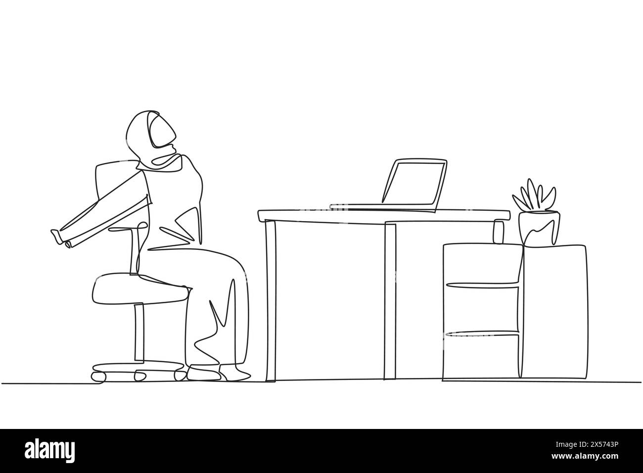 Single one line drawing Arab woman sitting in work chair stretching ...