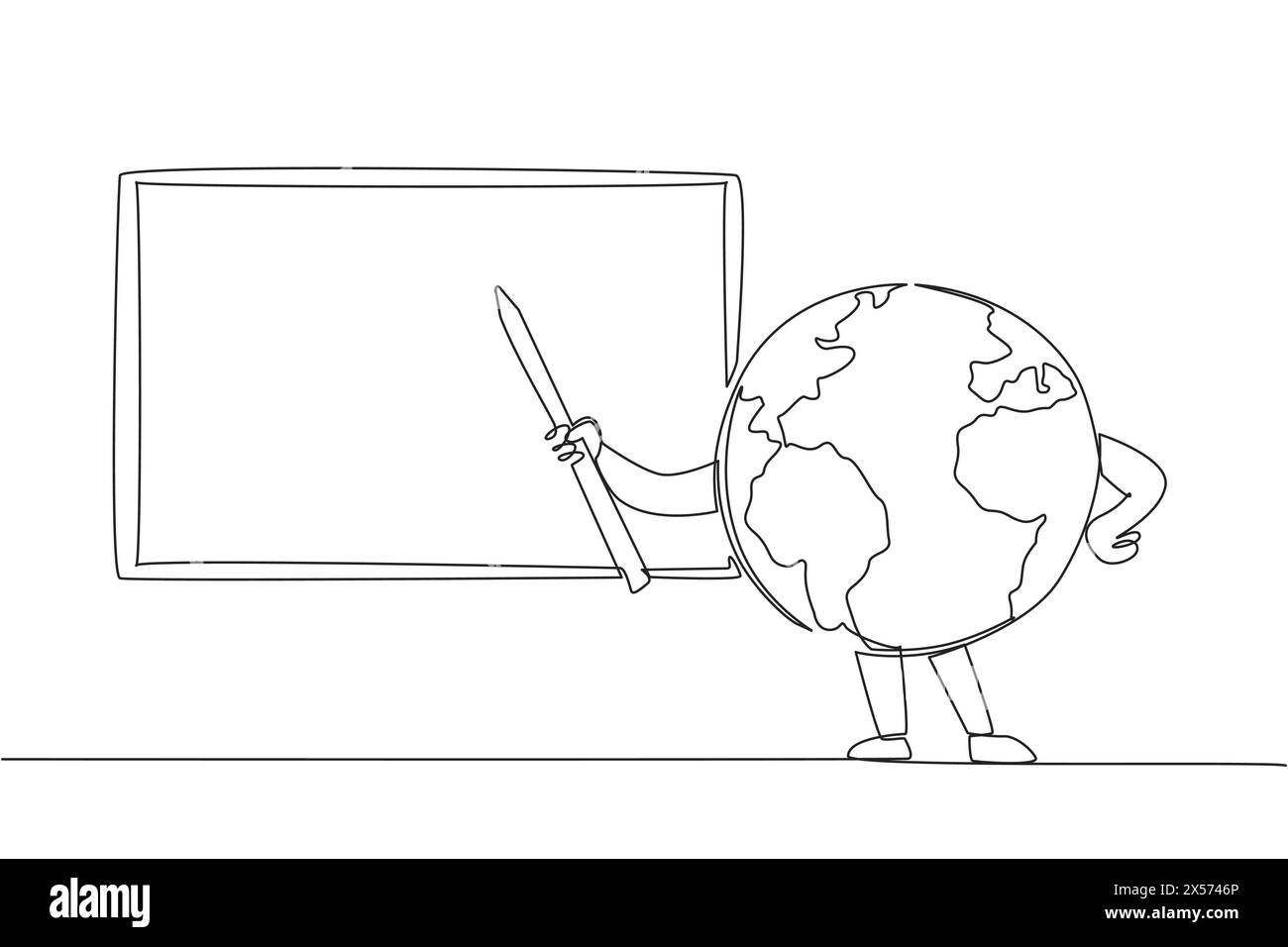 Single one line drawing globe holds a stick while pointing towards the ...